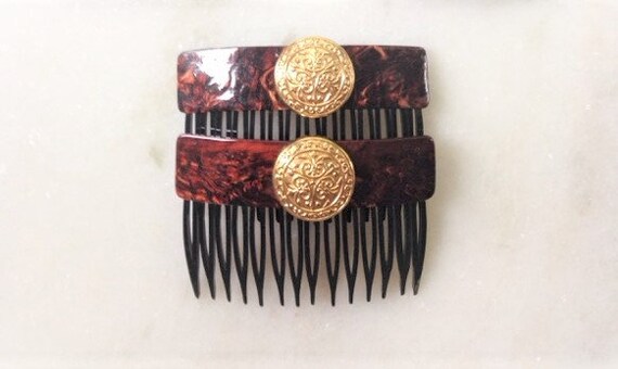 Marbled Italian Acetate Pair Curved Hair Combs with E… - Gem