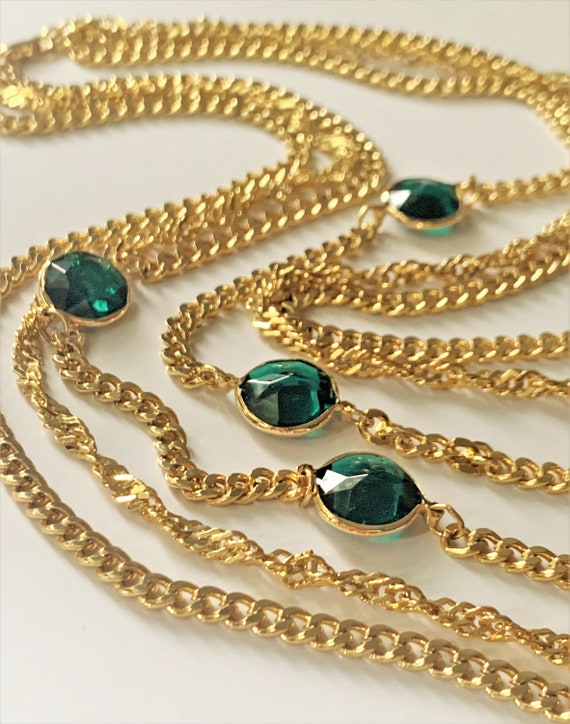 Faceted Emerald Open Back Bezels on Gold Tone 3 Row L… - Gem
