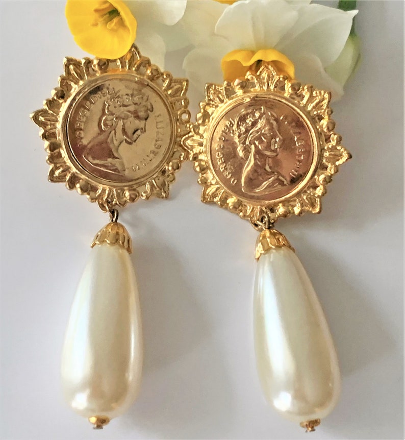 Large Gold Tone Coin Stamped Pierced Earrings With Imitation - Etsy