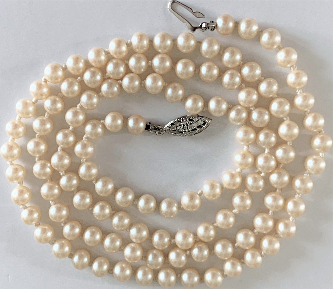 Vintage G Silver Classic Hand Knotted 31" Glass Simulated 6MM Pearl ...