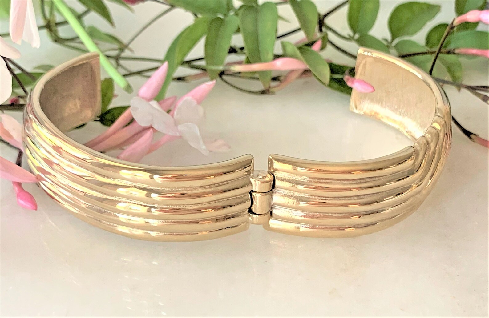 Ribbed Hinged Polished Gold Tone Bangle Bracelet With Fold | Etsy