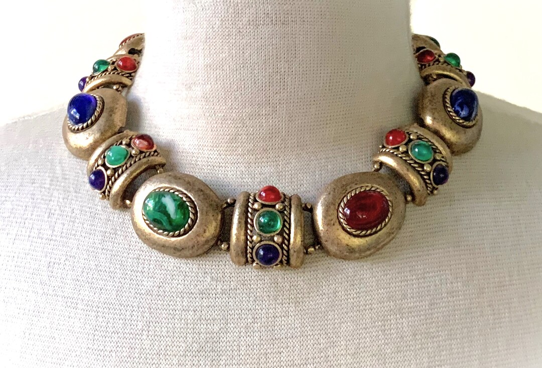 Etruscan Byzantine Gilt Gold Tone Metal Chunky Link Necklace Hand Set ...