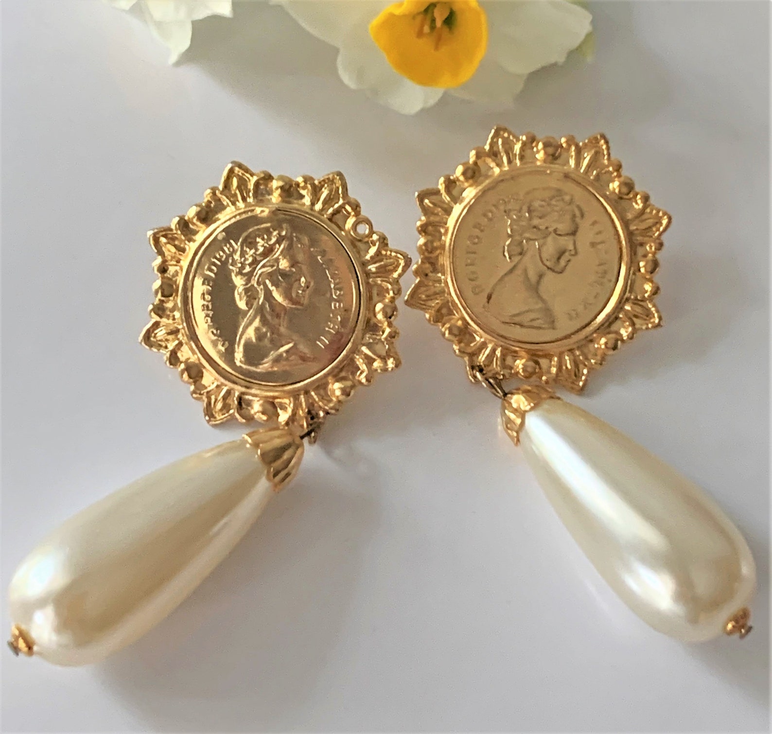 Large Gold Tone Coin Stamped Pierced Earrings With Imitation - Etsy