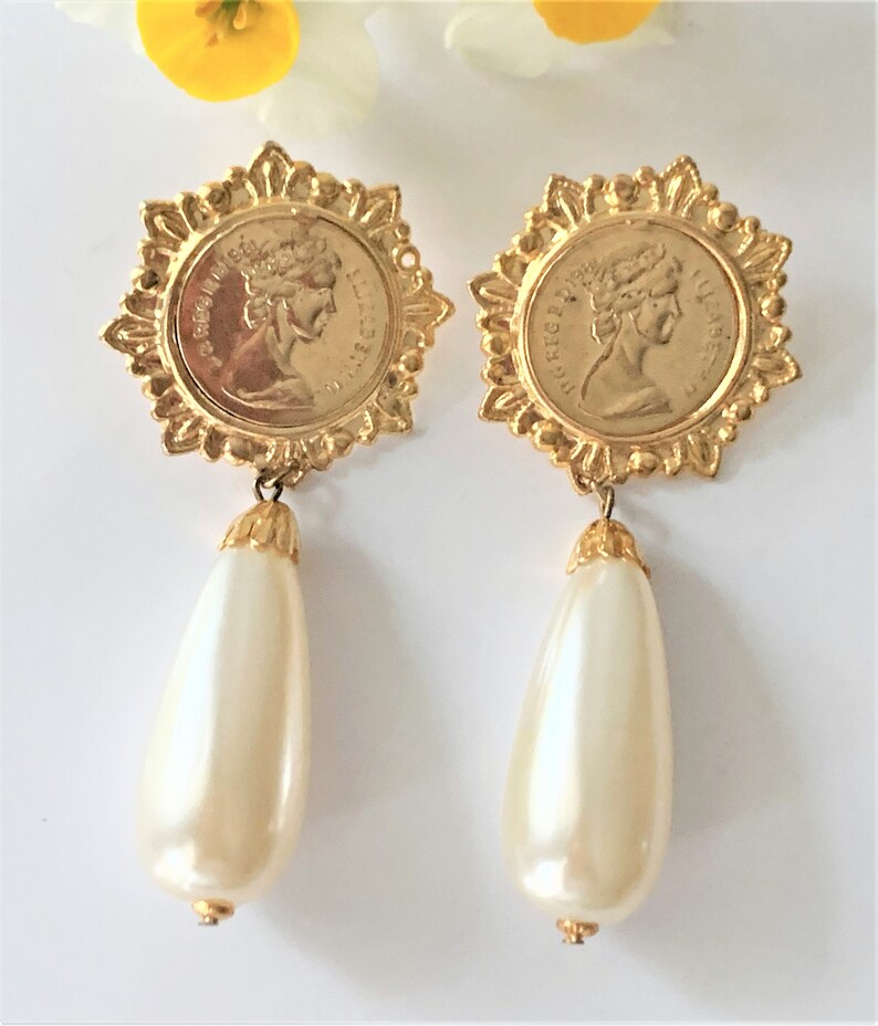 Large Gold Tone Coin Stamped Pierced Earrings With Imitation - Etsy
