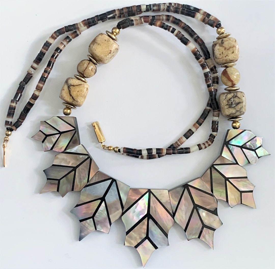 Mother of Pearl Inlay Leaf Necklace Hand Crafted on Carved Black Horn ...