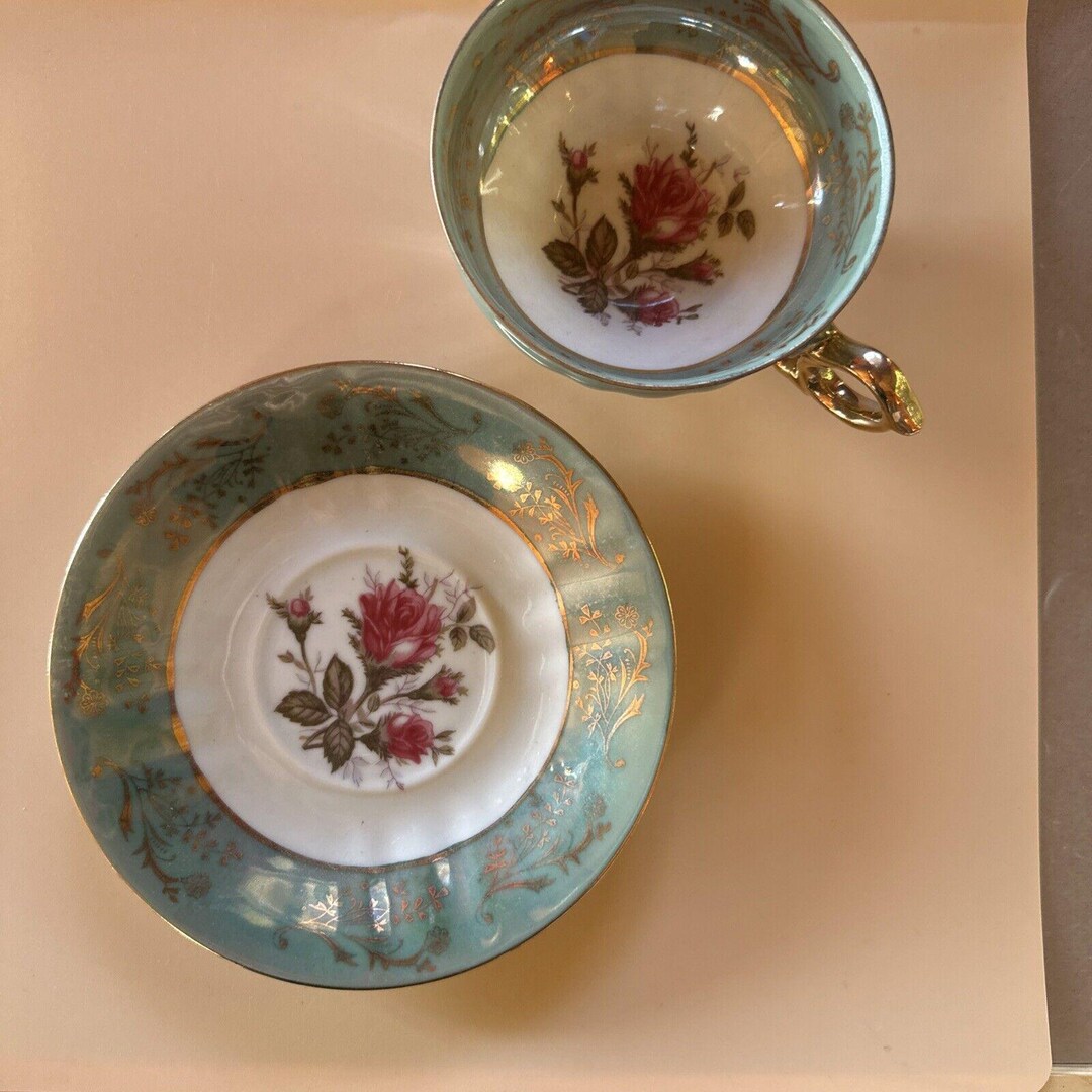 Royal Sealy China Pink Rose Teal Border Cup Saucer Gold Trim Japan Vtg ...