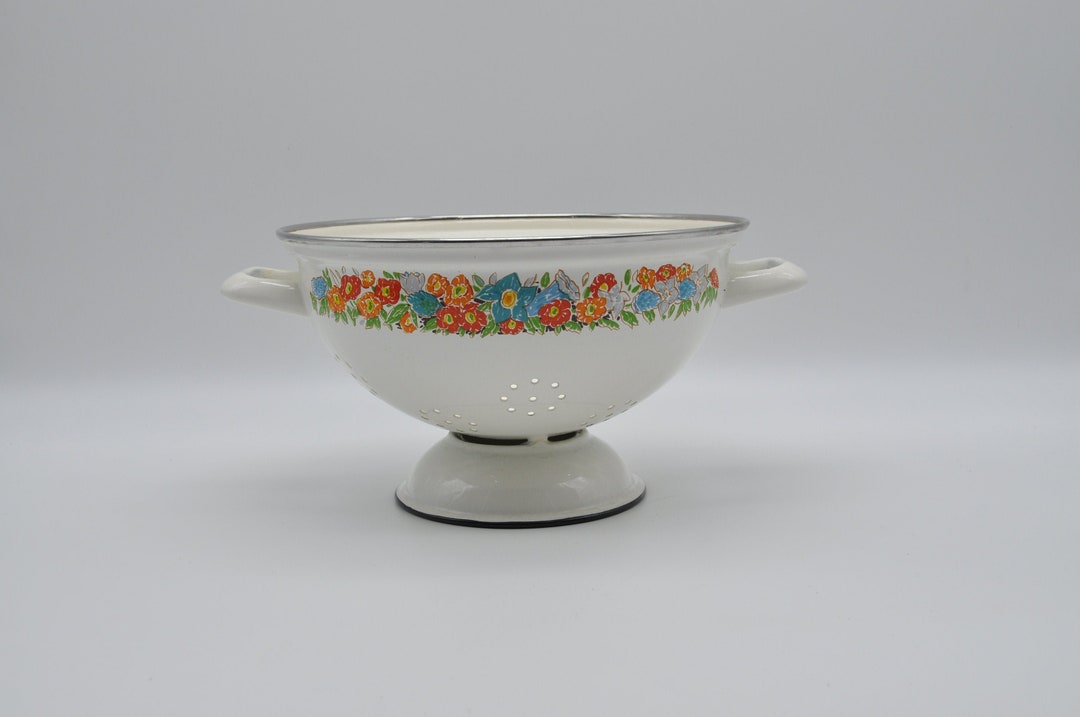 White Enamel Colander With Flowers - 1960s - Etsy