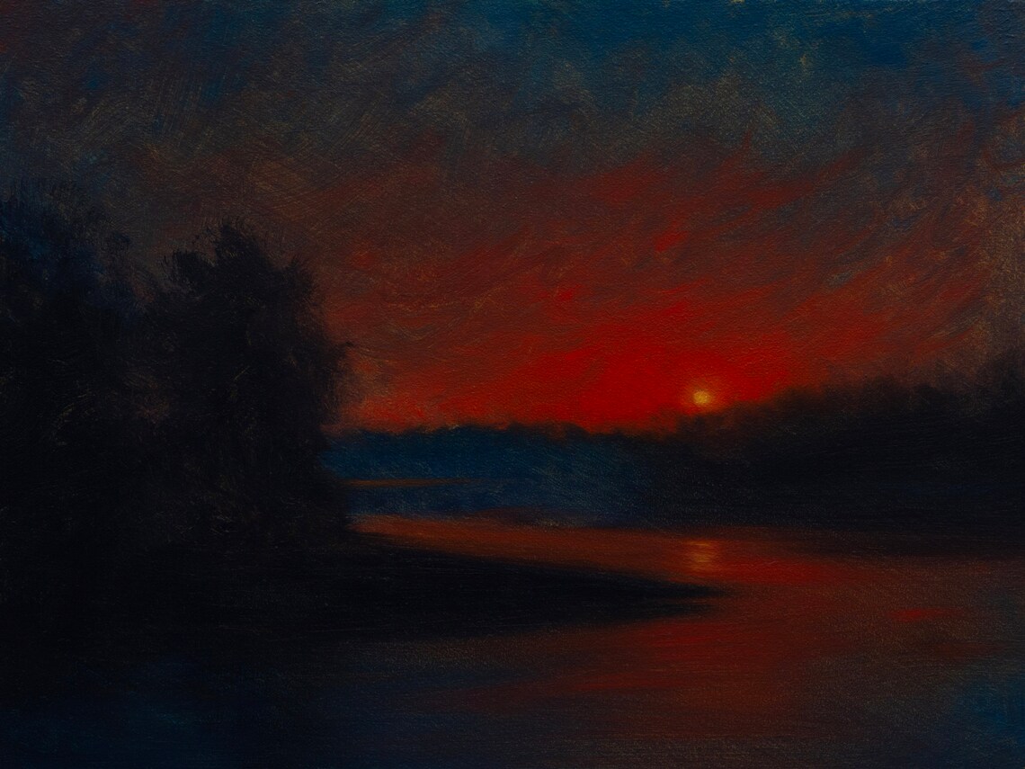 Original Red Glowing Sunset Tonalist Landscape Painting 6"x8" Oil on ...