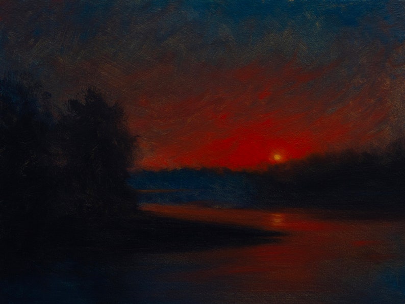 Original Red Glowing Sunset Tonalist Landscape Painting 6"x8" Oil on ...