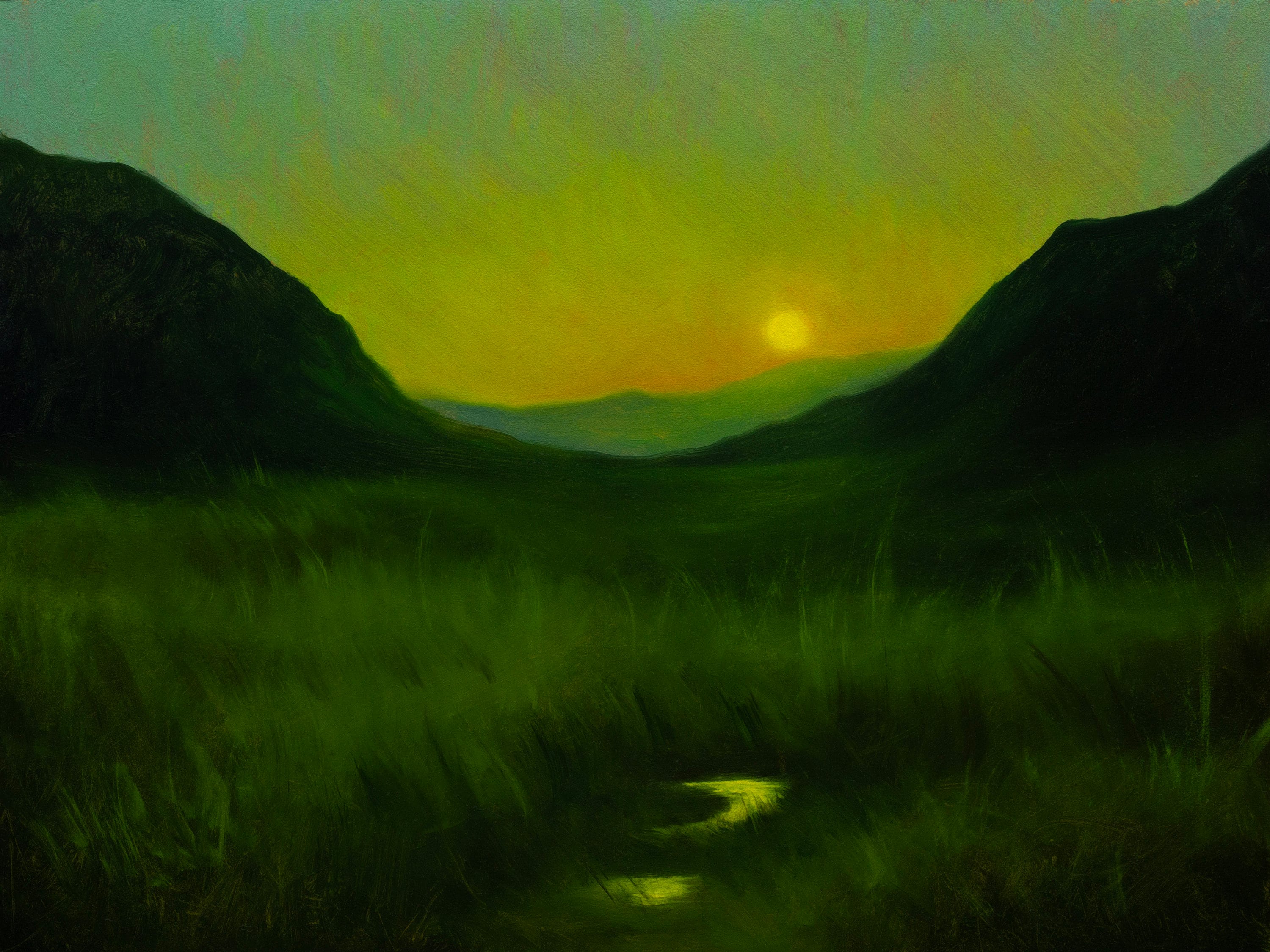 Original Green Glowing Sunset Tonalist Landscape Painting 9x12 Oil on ...