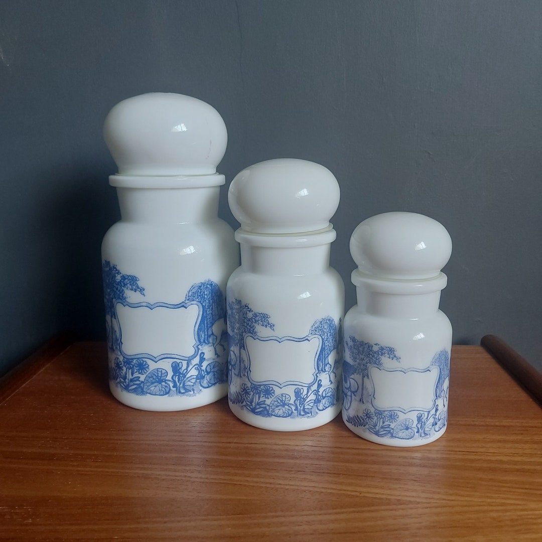 Vintage 3x Graduated White Milk Glass Apothecary Jars With Blue ...