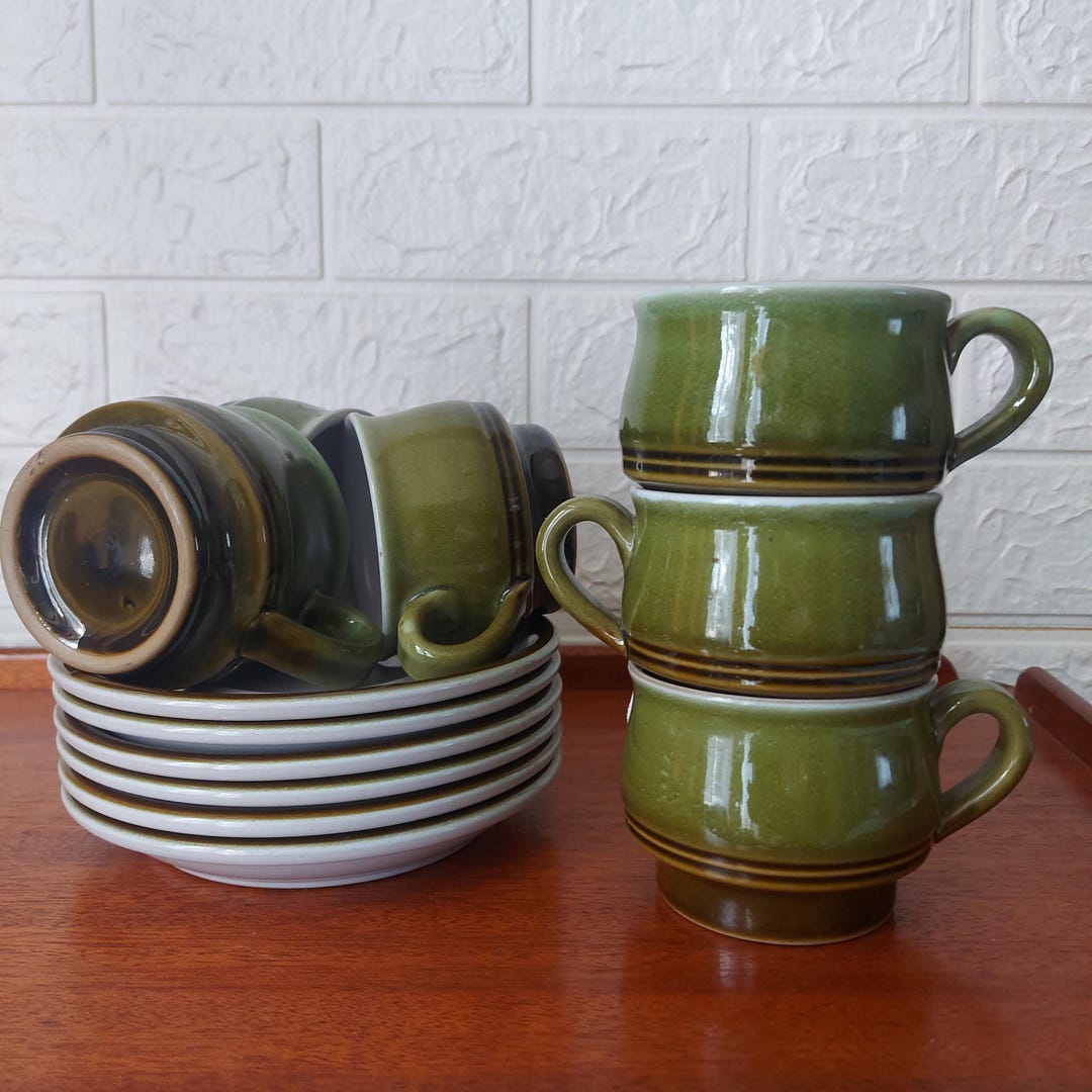 Denby Rochester Pattern Stoneware 6x TEA CUPS and SAUCERS Vintage Mid ...