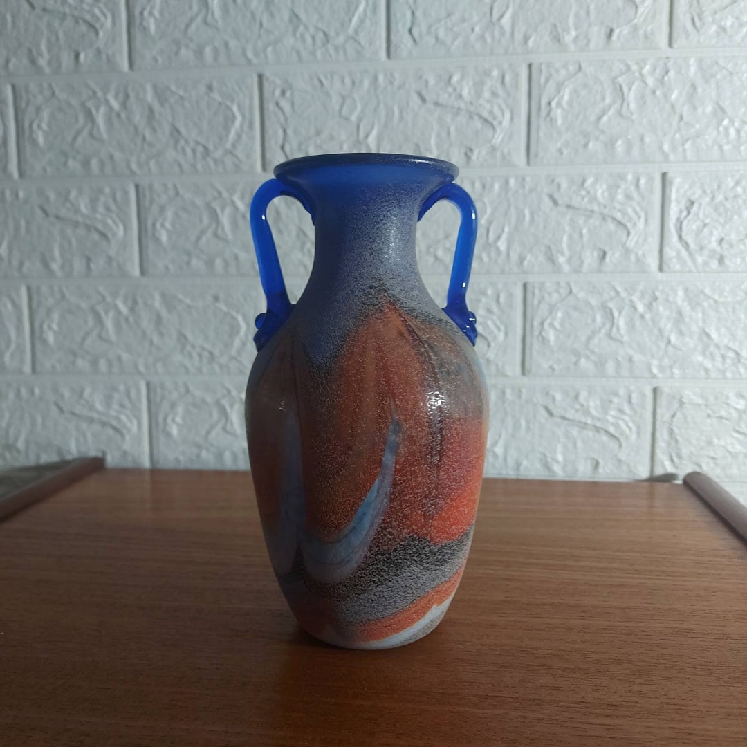Lafiore Cobalt Blue Art Glass Vase With Applied Handles Swirled Colour ...