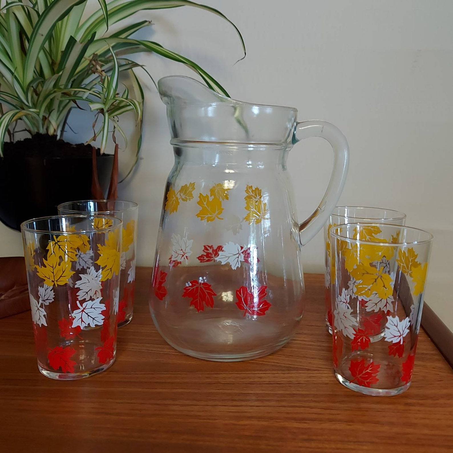 Mid century French glass jug and 4 glasses bold white red | Etsy