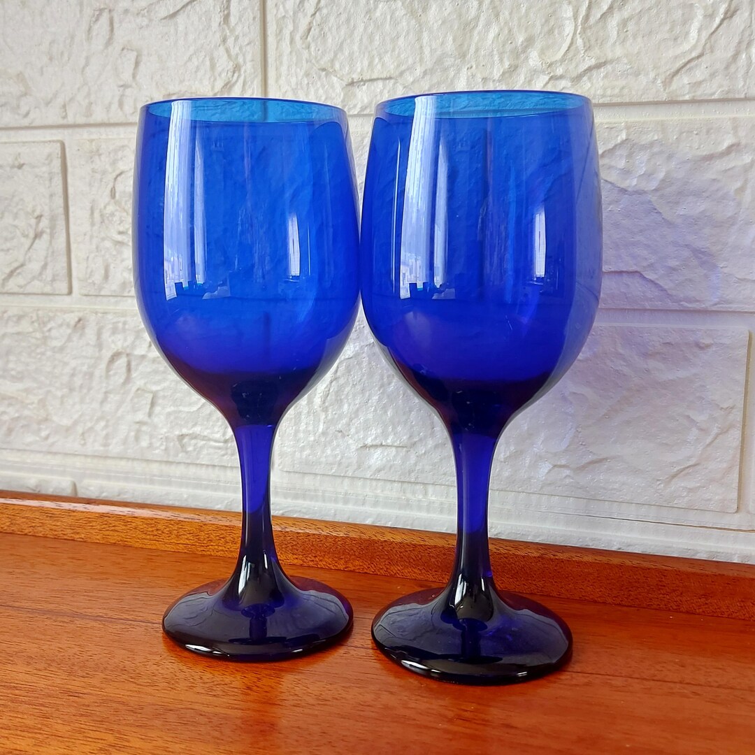 LIBBEY Large Cobalt Blue Glass Water Wine Goblets Set of 2 Made in USA ...