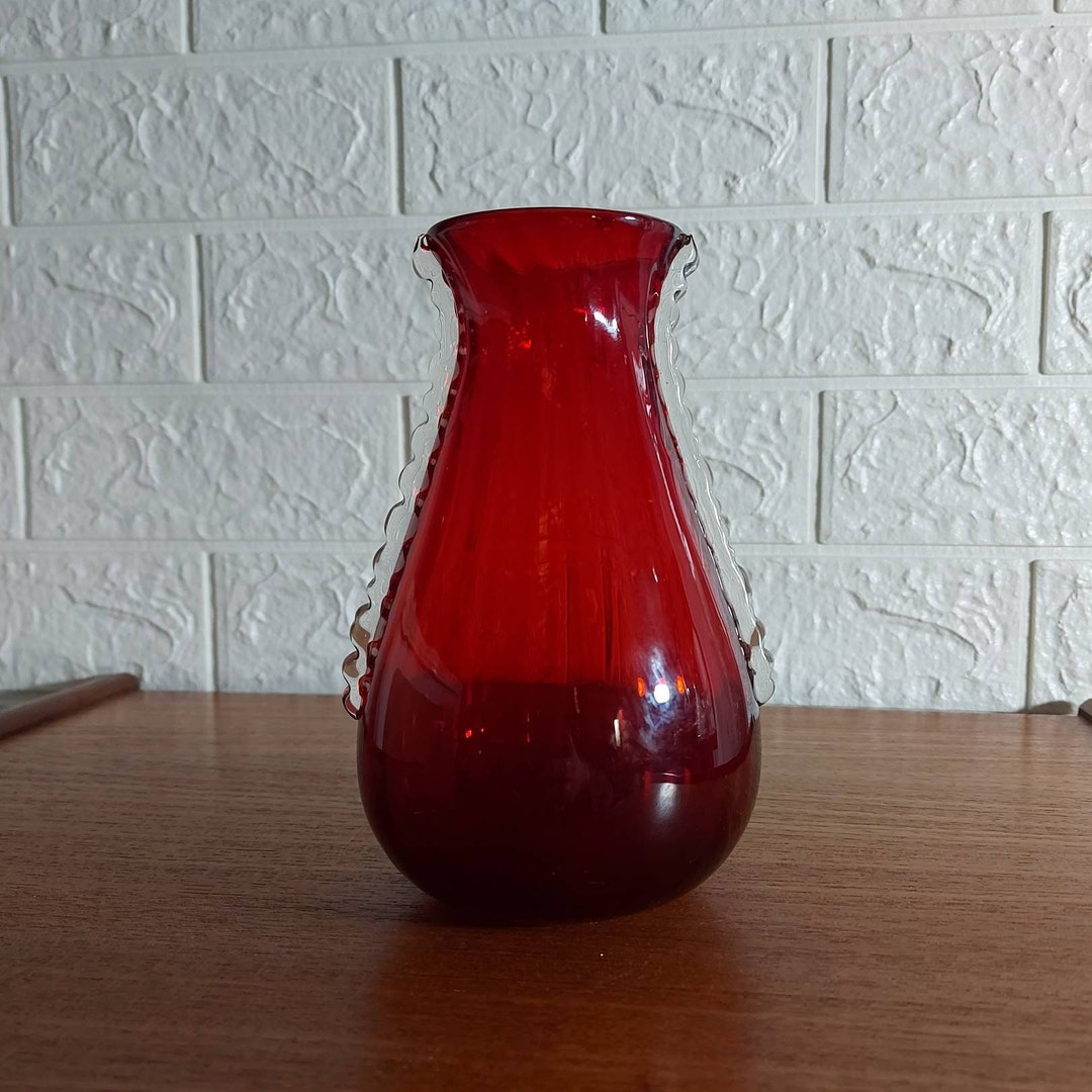 Whitefriars Ruby Red Glass Vase With Two Bands of Clear Hand Crimped ...