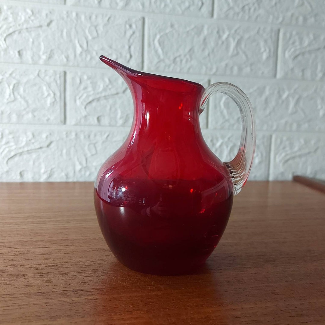 Whitefriars Ruby Red Glass Jug With Applied Clear Reeded Handle and ...