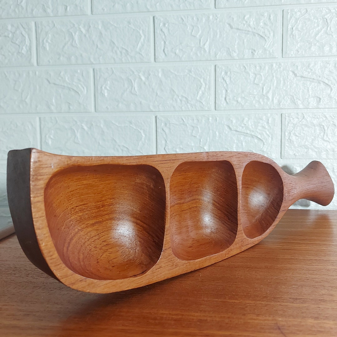 Retro POD SHAPED Mid Century Hand Carved TEAK Nibbles and Snacks ...