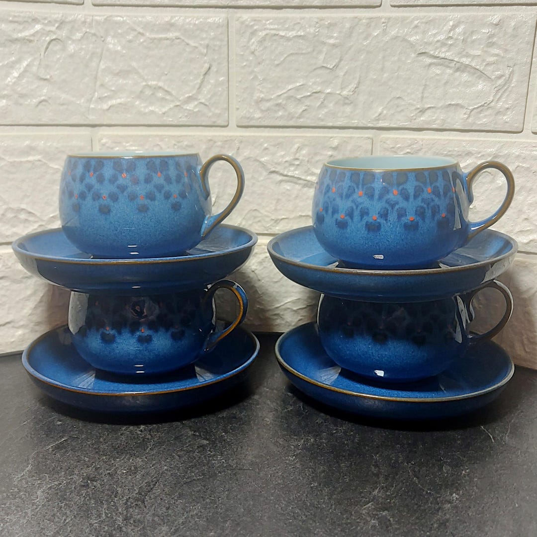 Retro Denby MIDNIGHT Set 4x Tea Cups and Saucers Vivid Blue Back ...