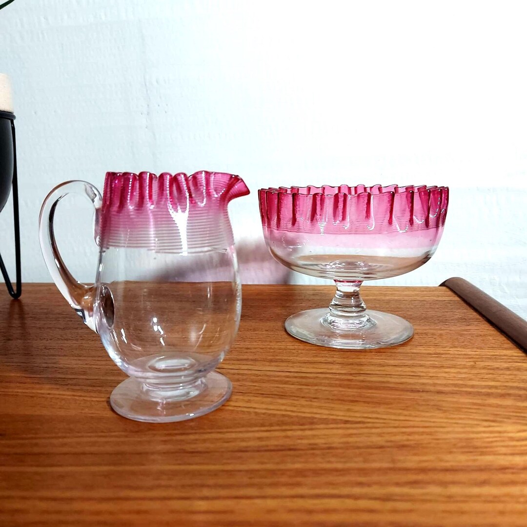 Victorian Cranberry Threaded Glass Footed Sugar Bowl and Creamer Jug ...
