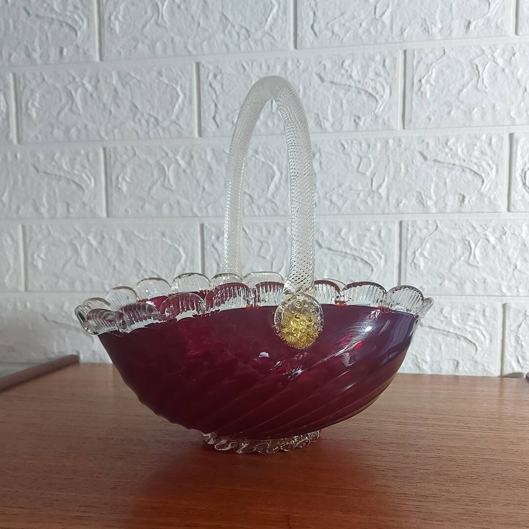 Large Murano Mid Century Ruby Red Glass Basket With Clear Rope Twist ...