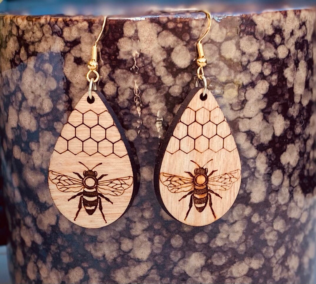 Birchwood Engraved Bee Pecan-stained Tear Drop Earrings - Etsy