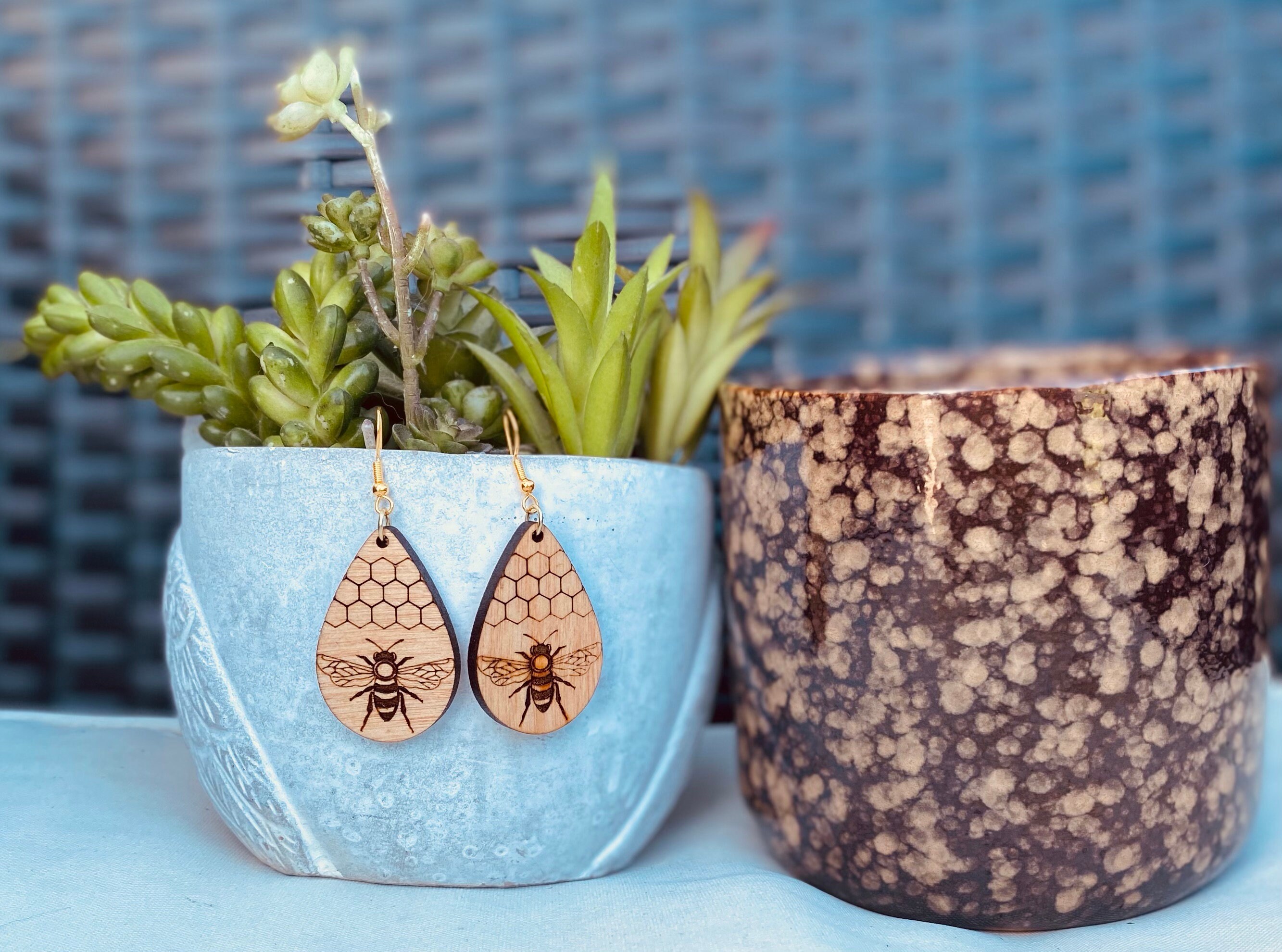 Birchwood Engraved Bee Pecan-stained Tear Drop Earrings - Etsy