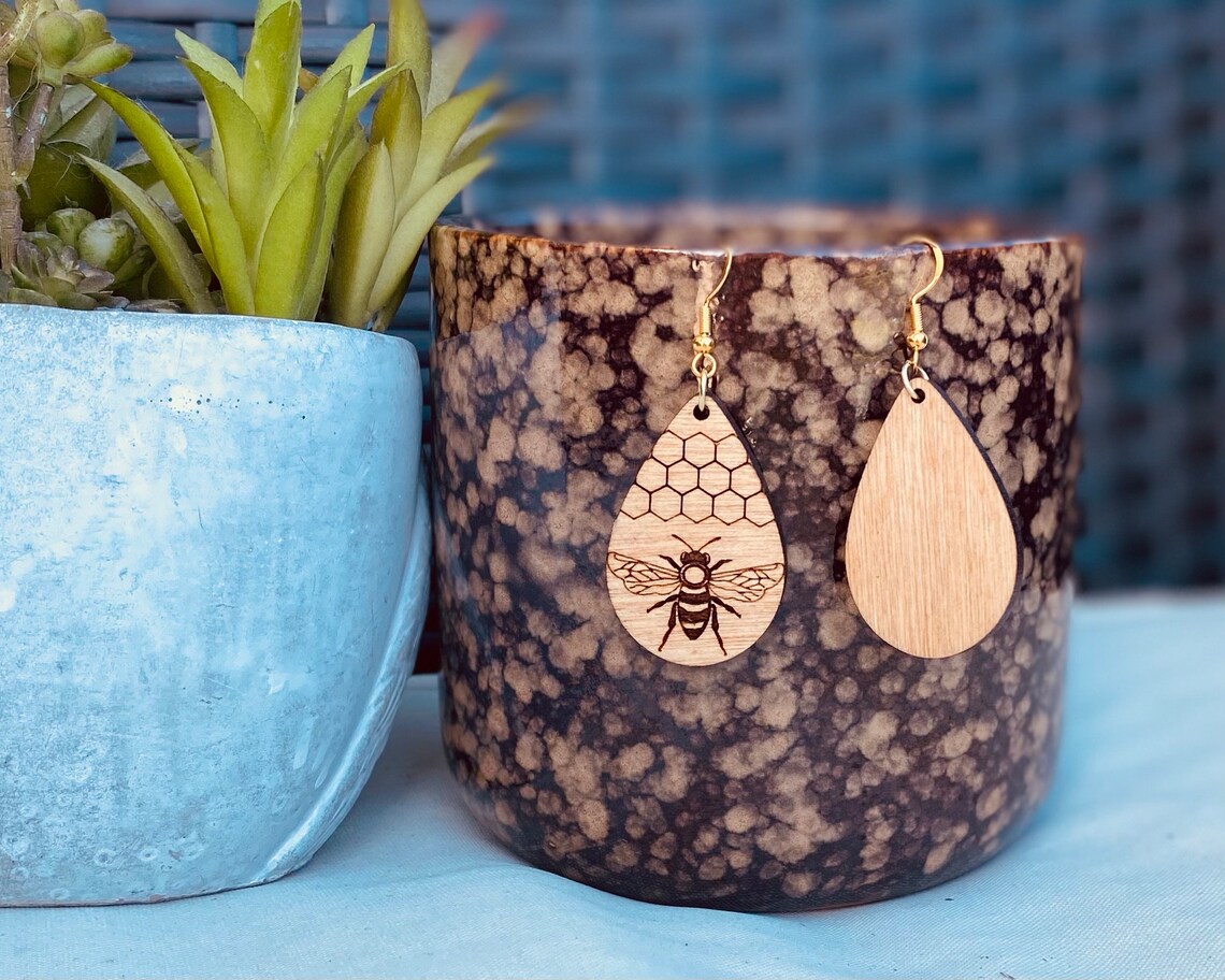 Birchwood Engraved Bee Pecan-stained Tear Drop Earrings - Etsy