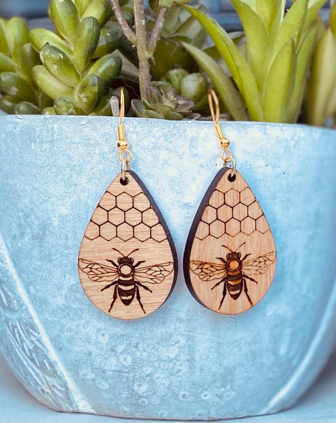 Birchwood Engraved Bee Pecan-stained Tear Drop Earrings - Etsy