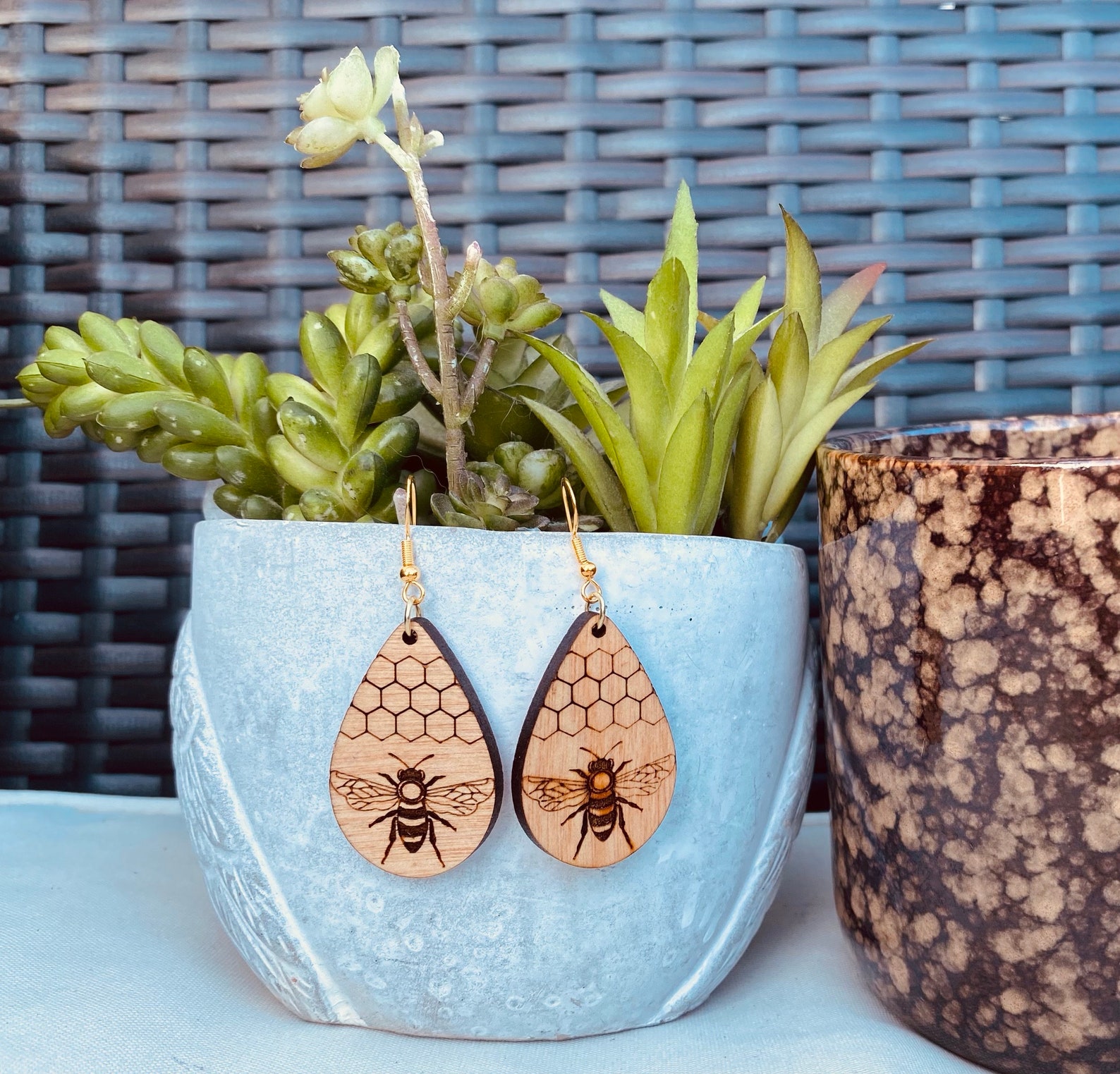 Birchwood Engraved Bee Pecan-stained Tear Drop Earrings - Etsy