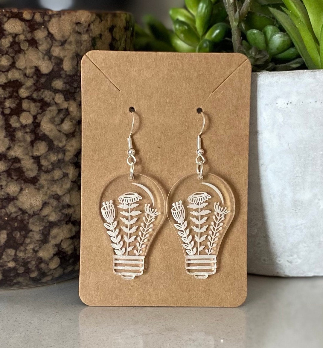 Floral Engraved Clear Acrylic Light Bulb Earrings - Etsy