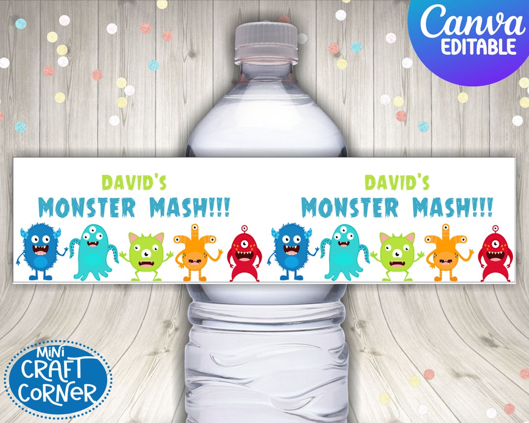 Digital Editable Monster Party Water Bottle Label / Monster Baby Shower ...