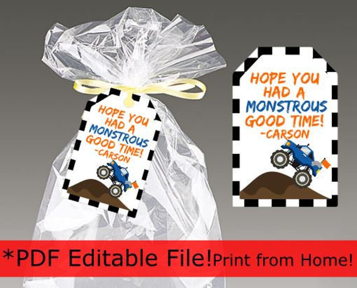 Editable PDF Monster Truck Gift Tag. Monster Truck Party. | Etsy