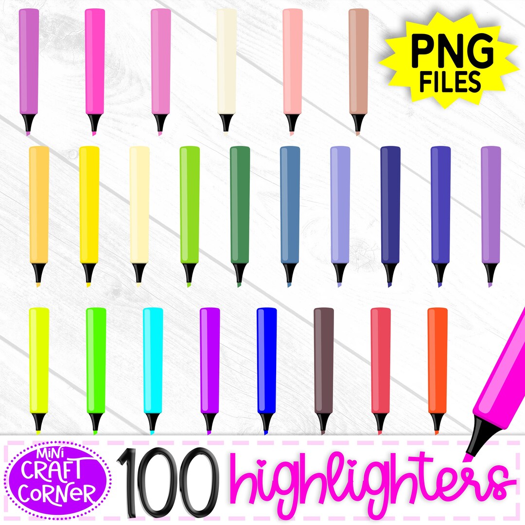 DIGITAL 100 Highlighters / Highlighter Clipart / Markers Clipart / Back ...
