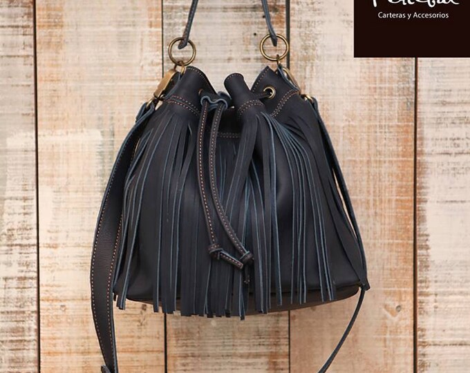 Blue Fringe Purse, Leather Bucket Bag, Leather Everyday Bag, Fringed ...