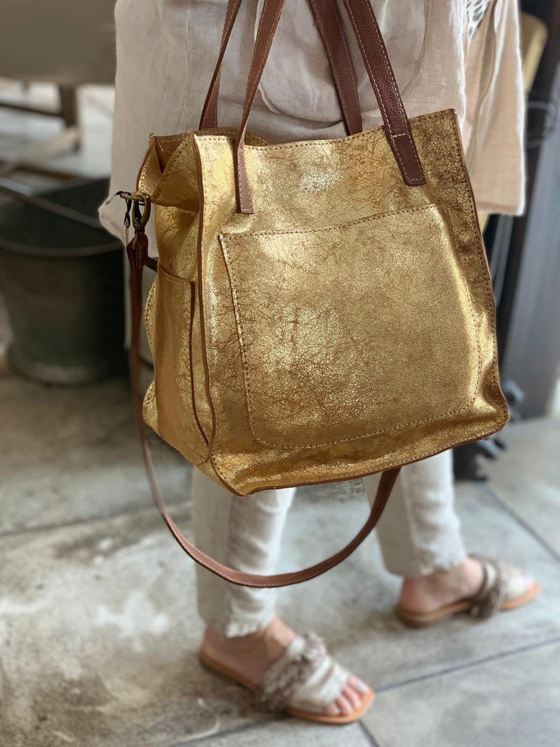 Gold Leather Tote Bag With Pockets Gold Leather Shoulder Bag - Etsy