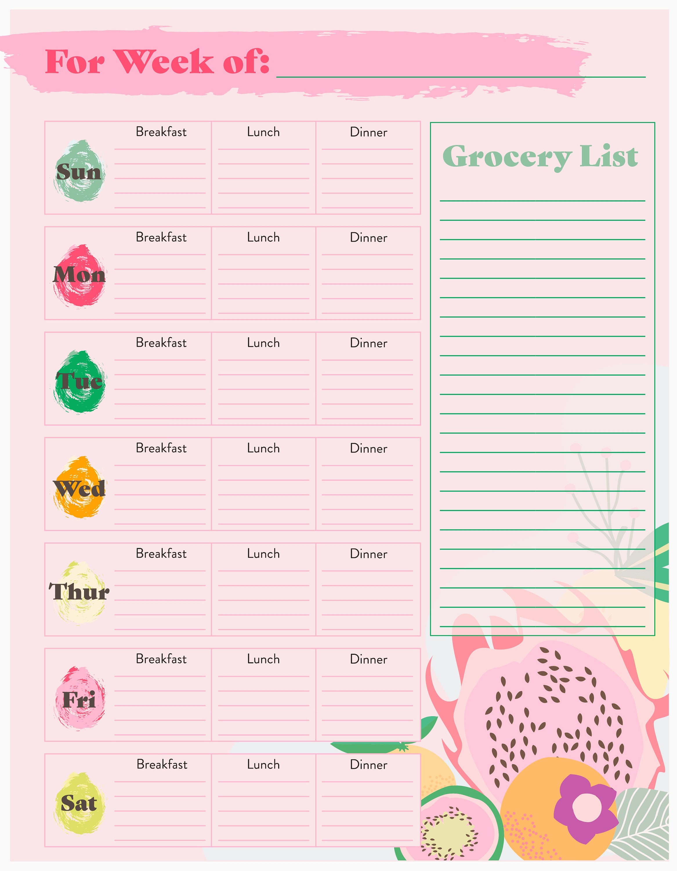 Cute Meal Planner, Flowery Meal Planner, Fruit Meal Planner, Pink Meal ...