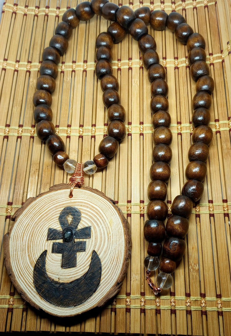 Quartz Crystal & Wood Bead Necklace With Wood Ankhtwy Crescent - Etsy