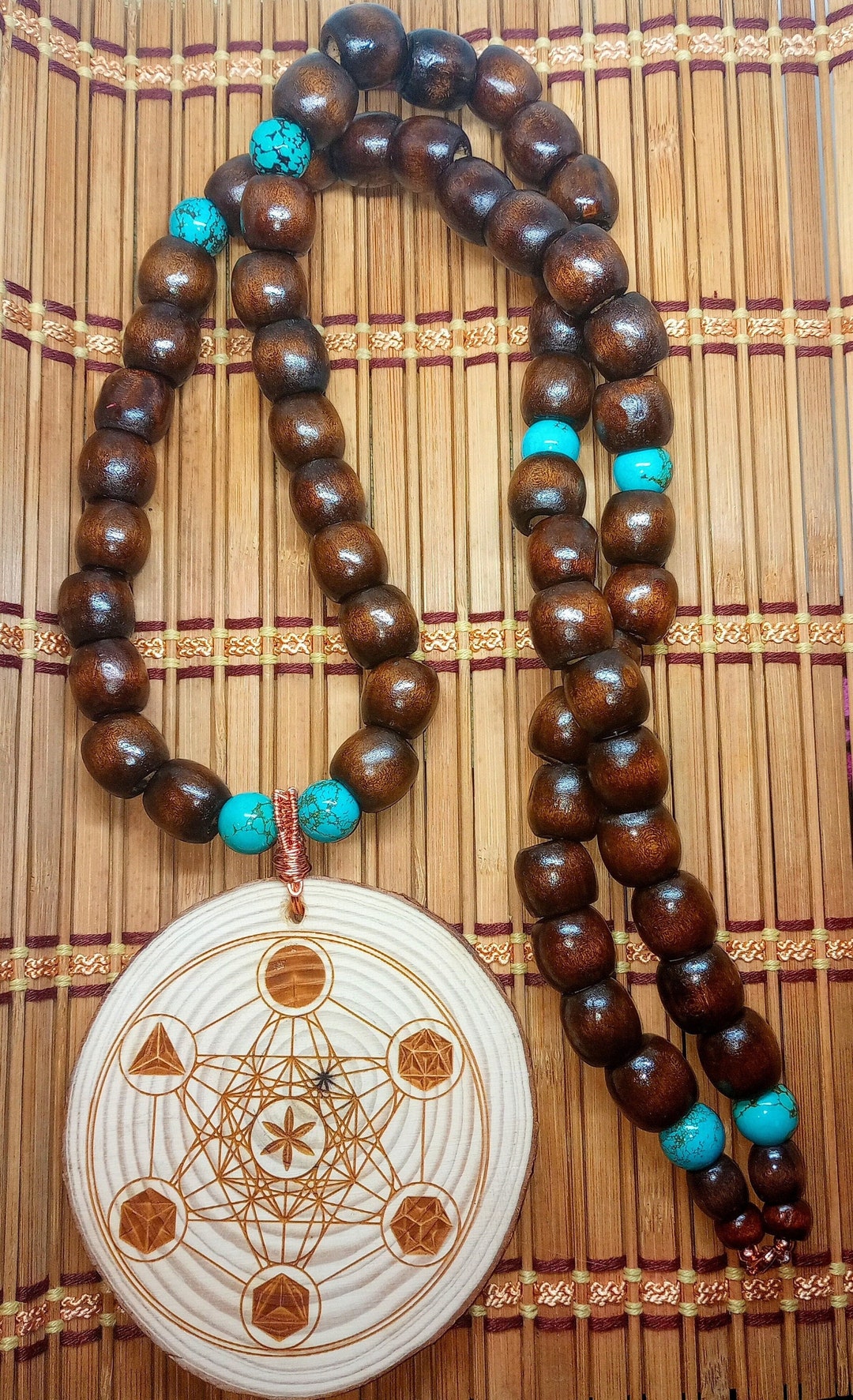 Blue Magnesite Beads Wood Bead Necklace With Metatron S Cube Wood