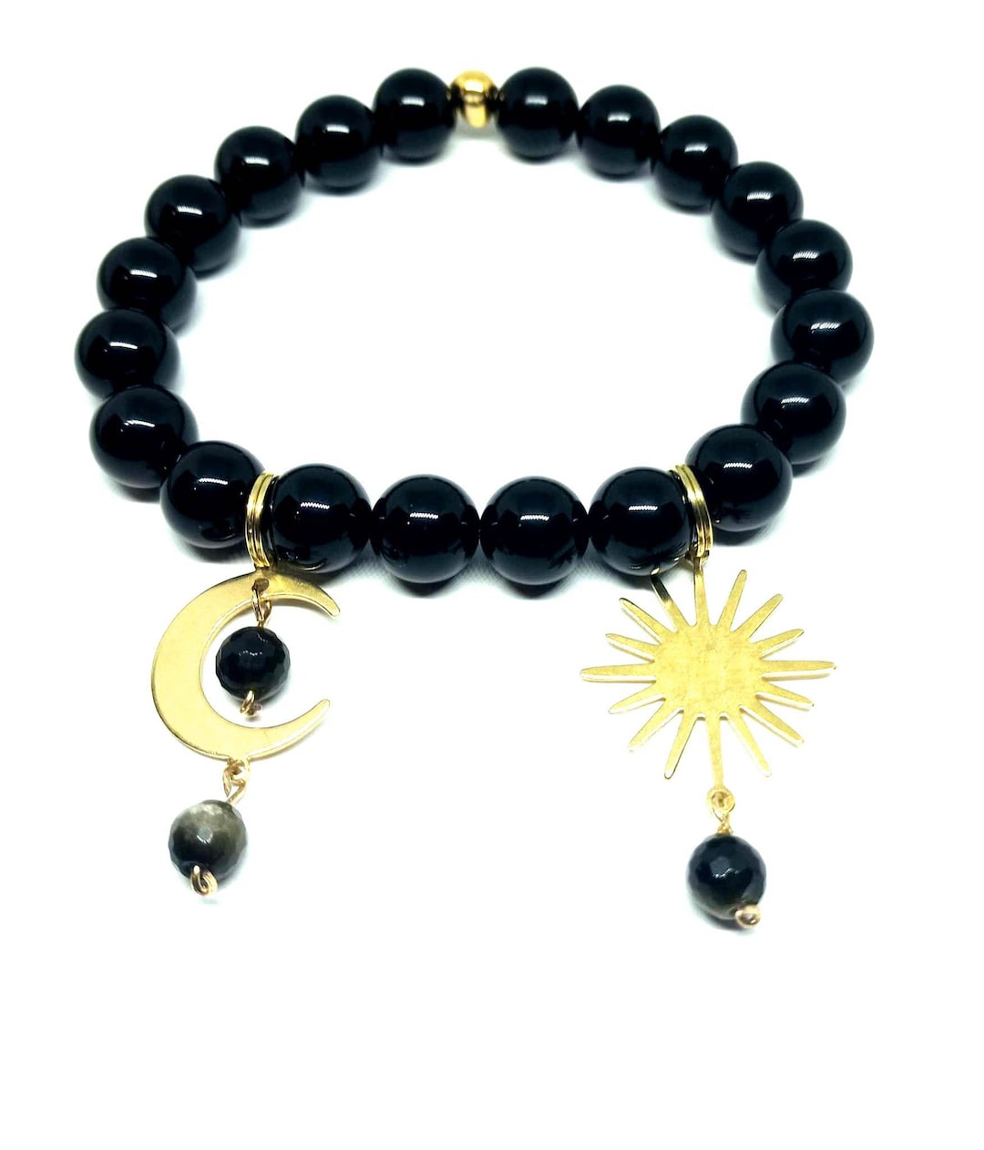 Black Onyx & Gold Sheen Obsidian Sun and Moon Charm Bracelet - Etsy