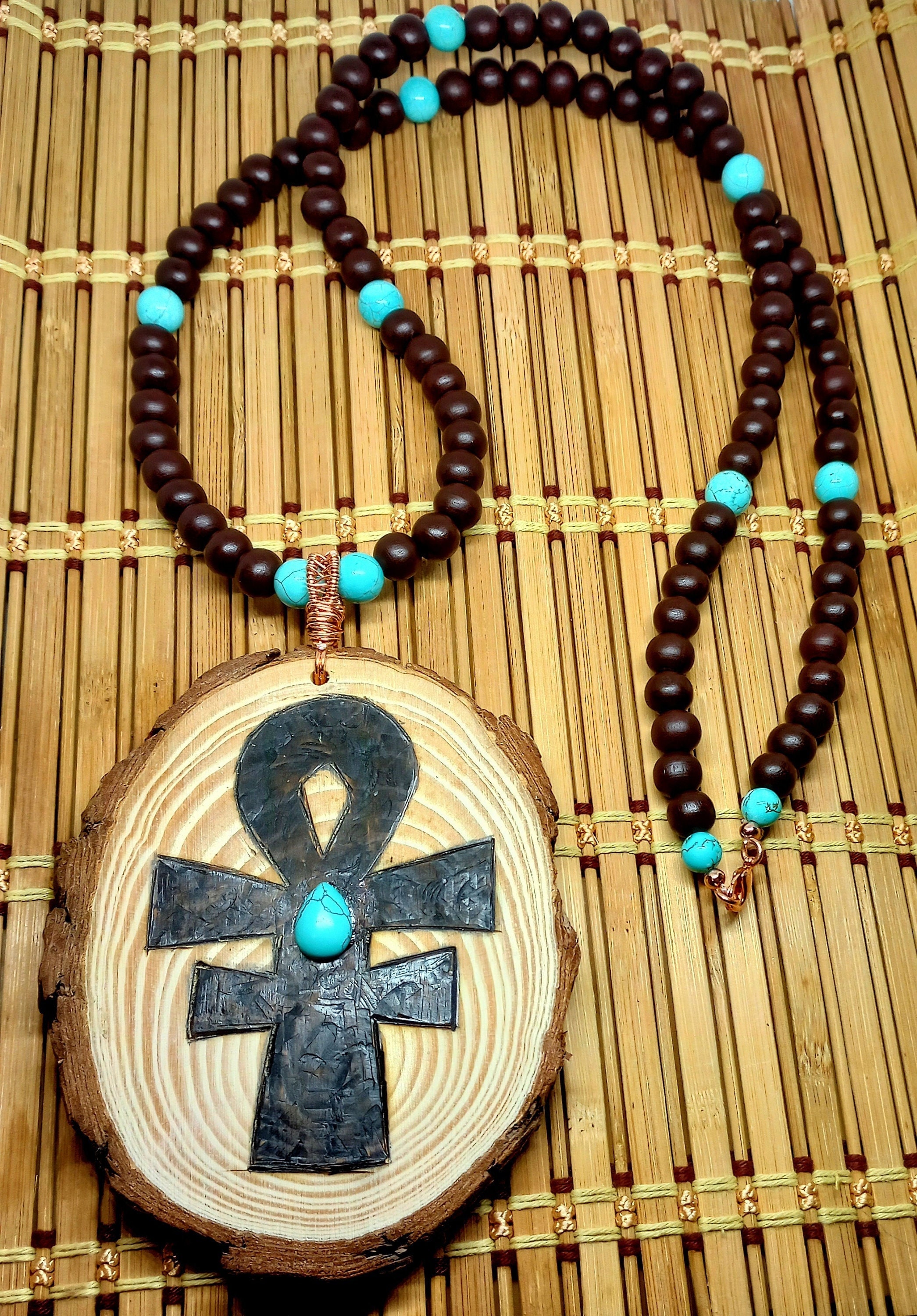Turquoise & Wood Bead Necklace With Wood and Turquoise Ankhtwy Pendant ...