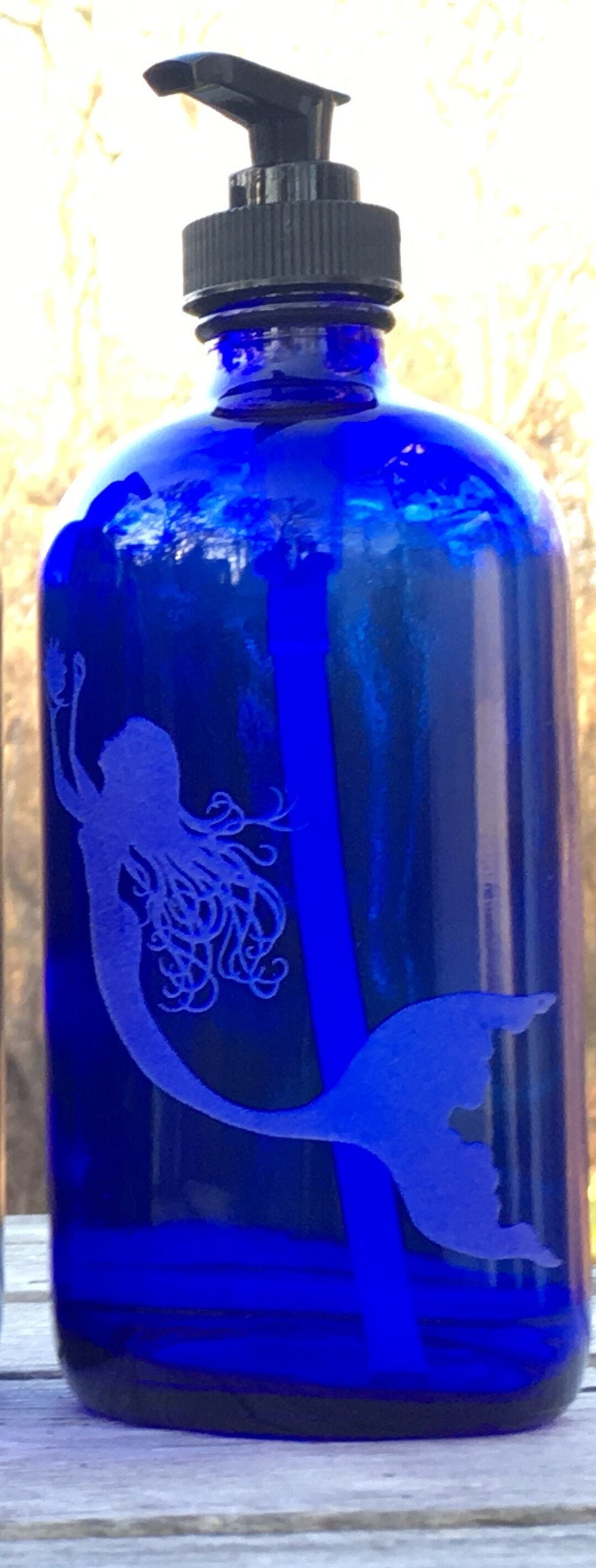 Cobalt Blue Glass Soap Dispenser With Etched Mermaid - Etsy