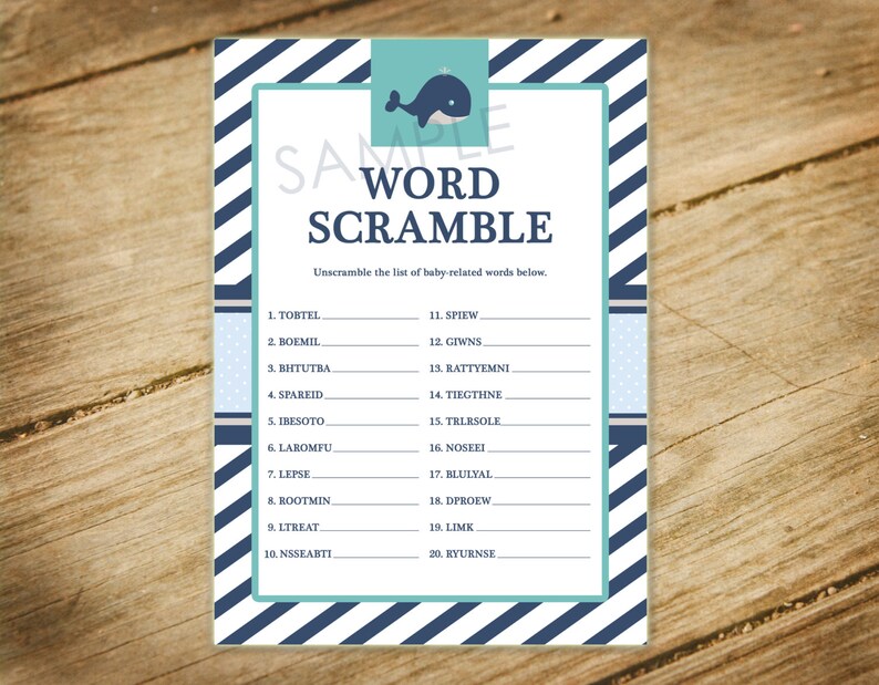Little Squirt / Whale / Nautical Theme Matching Baby Shower Game Word ...
