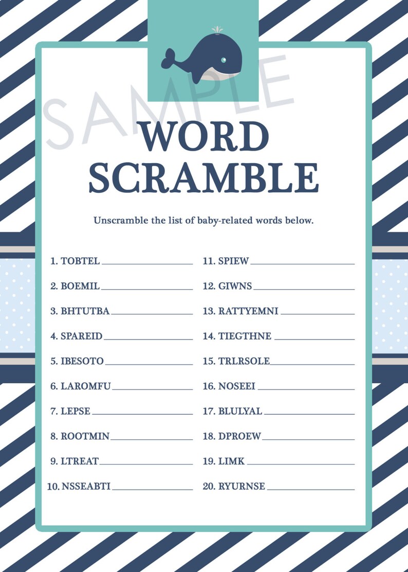 Little Squirt / Whale / Nautical Theme Matching Baby Shower Game Word ...