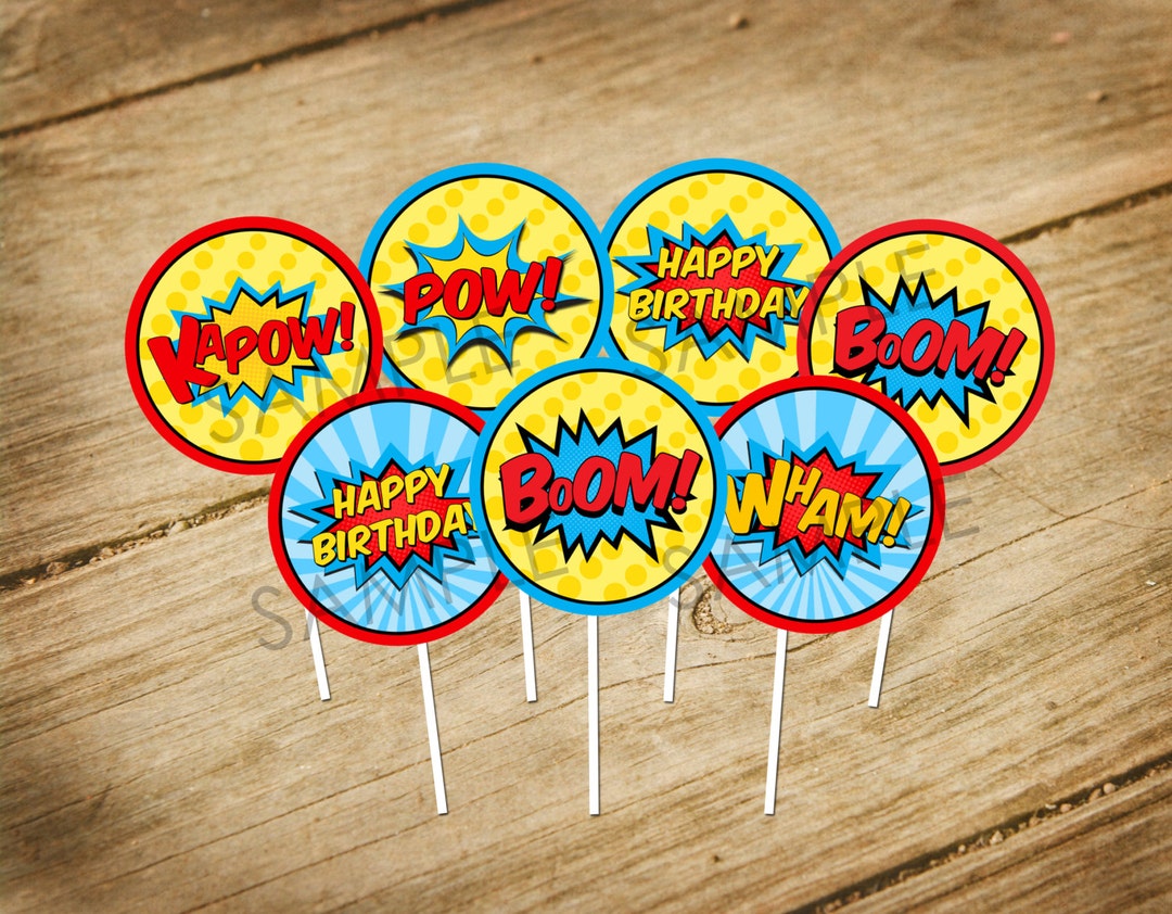 Superhero / Comic Book Themed Birthday Party Matching Cupcake Toppers ...