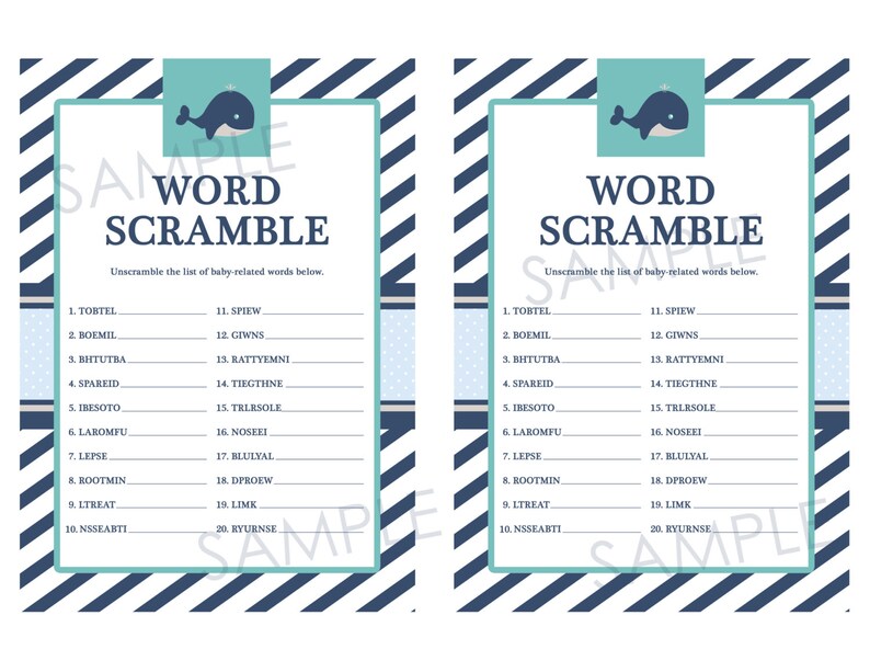 Little Squirt / Whale / Nautical Theme Matching Baby Shower Game Word ...