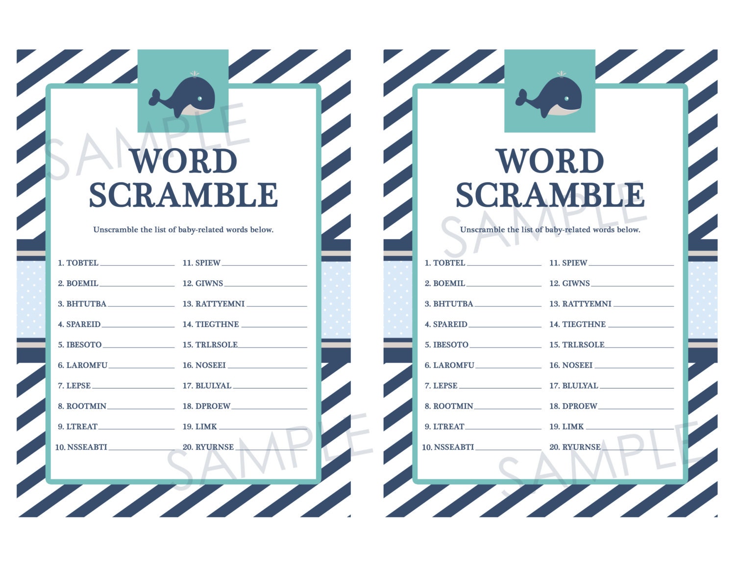 Little Squirt / Whale / Nautical Theme Matching Baby Shower Game Word ...