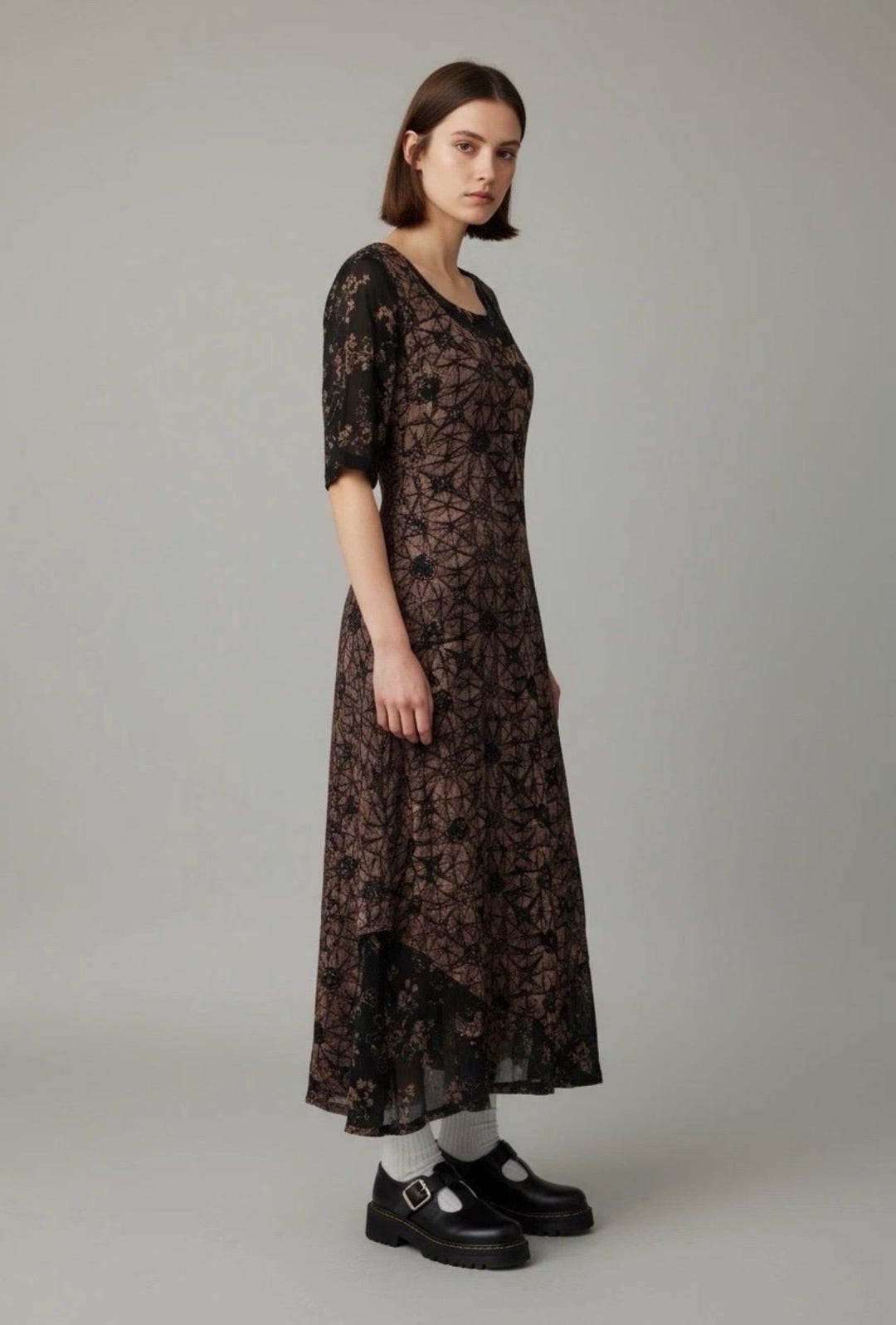 Vintage Dress Jumper Layered Apron Pinafore Overall Brown Black Floral ...