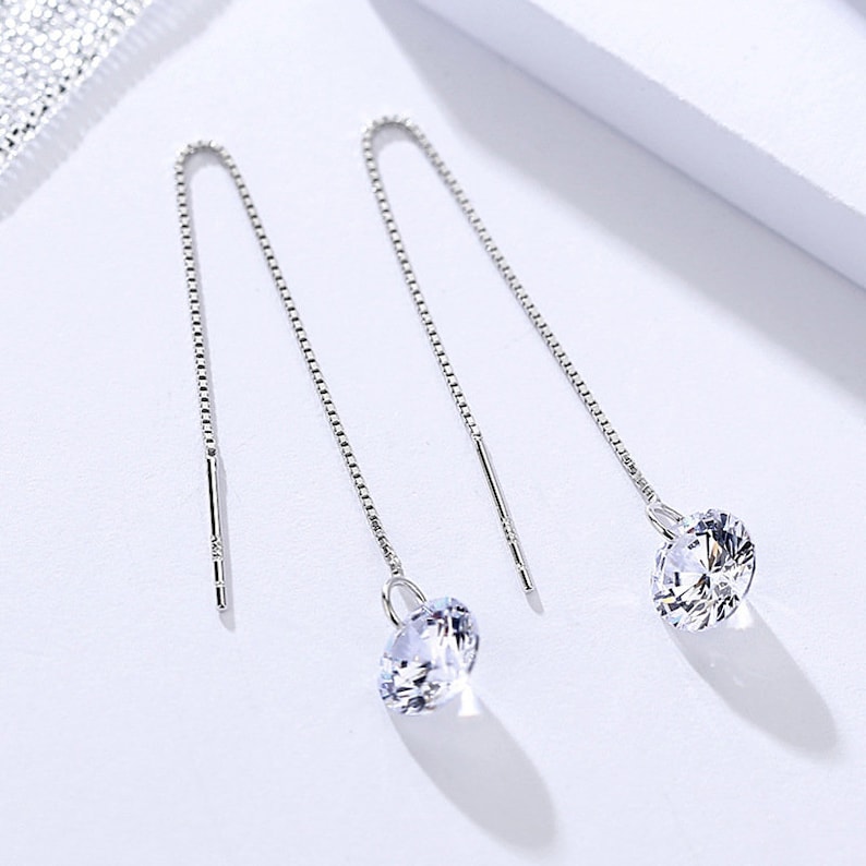 Simple Line Threader Earrings/ 925 Sterling Silver Chain With Cubic ...