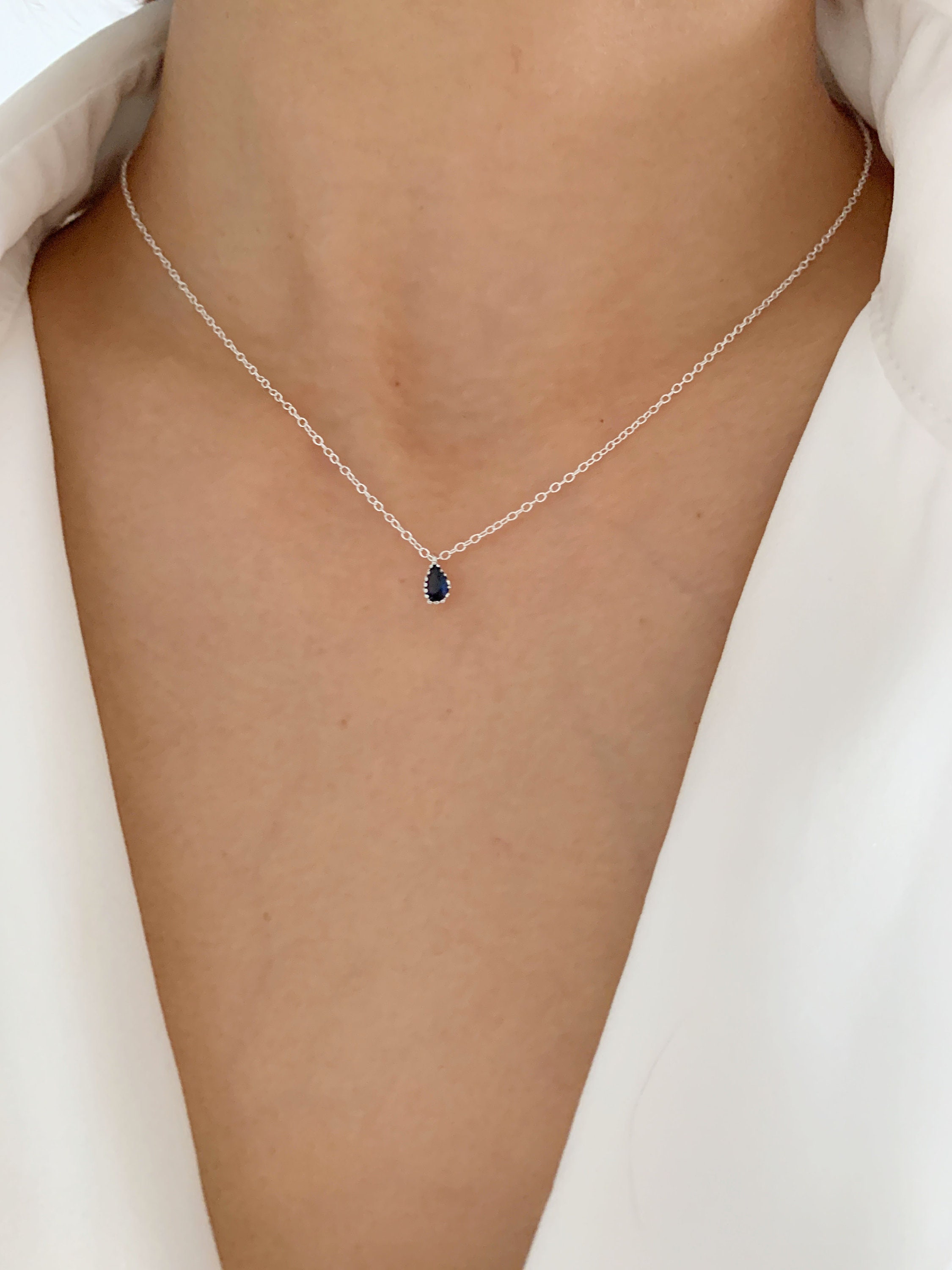 925 Silver Tiny Tear Drop Shape Necklace / Dark Sapphire Drop | Etsy